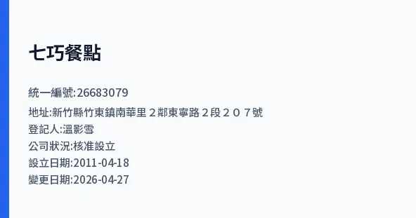 七巧餐點的照片-統編 26683079(新竹縣) 公司登記資料與營業項目詳細圖表