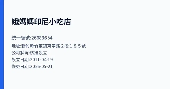 娥媽媽印尼小吃店的照片-統編 26683654(新竹縣) 公司登記資料與營業項目詳細圖表