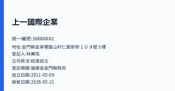上一國際企業的照片-統編 26688882(金門縣) 公司登記資料與營業項目詳細圖表