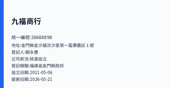 九福商行的照片-統編 26688898(金門縣) 公司登記資料與營業項目詳細圖表