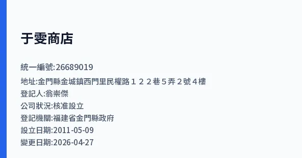 于雯商店的照片-統編 26689019(金門縣) 公司登記資料與營業項目詳細圖表