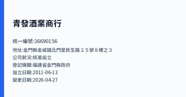 青發酒業商行的照片-統編 26690156(金門縣) 公司登記資料與營業項目詳細圖表