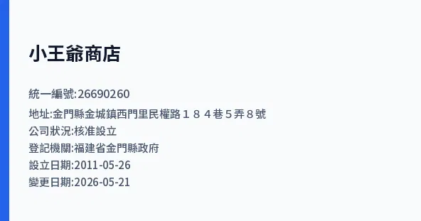 小王爺商店的照片-統編 26690260(金門縣) 公司登記資料與營業項目詳細圖表