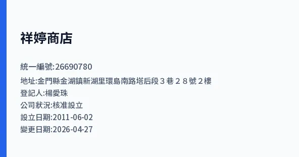 祥婷商店的照片-統編 26690780(金門縣) 公司登記資料與營業項目詳細圖表