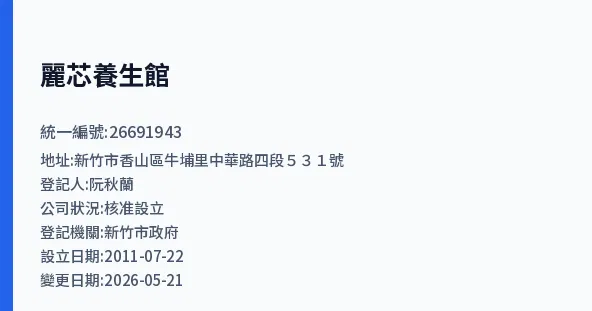 麗芯養生館的照片-統編 26691943(新竹市) 公司登記資料與營業項目詳細圖表
