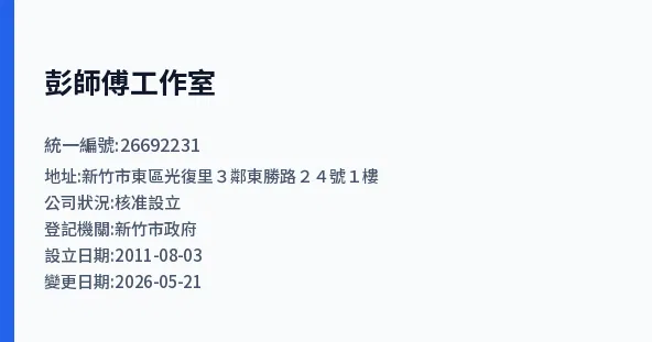 彭師傅工作室的照片-統編 26692231(新竹市) 公司登記資料與營業項目詳細圖表
