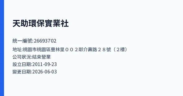 天助環保實業社的照片-統編 26693702(桃園市) 公司登記資料與營業項目詳細圖表