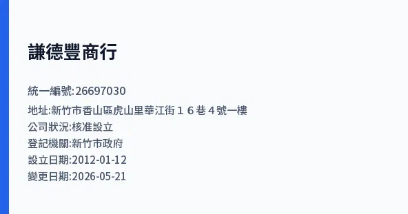 謙德豐商行的照片-統編 26697030(新竹市) 公司登記資料與營業項目詳細圖表