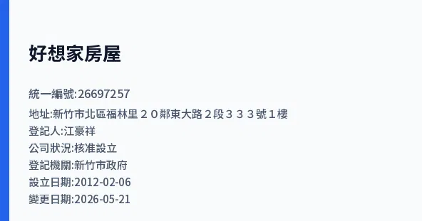 好想家房屋的照片-統編 26697257(新竹市) 公司登記資料與營業項目詳細圖表