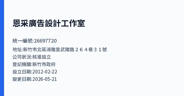恩采廣告設計工作室的照片-統編 26697720(新竹市) 公司登記資料與營業項目詳細圖表