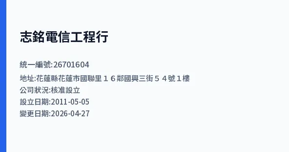 志銘電信工程行的照片-統編 26701604(花蓮縣) 公司登記資料與營業項目詳細圖表