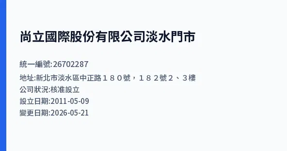 尚立國際股份有限公司淡水門市的照片-統編 26702287(新北市) 公司登記資料與營業項目詳細圖表