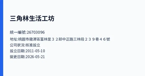 三角林生活工坊的照片-統編 26703096(桃園市) 公司登記資料與營業項目詳細圖表