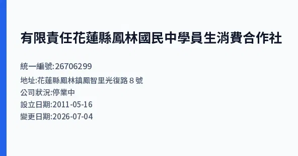 有限責任花蓮縣鳳林國民中學員生消費合作社的照片-統編 26706299(花蓮縣) 公司登記資料與營業項目詳細圖表