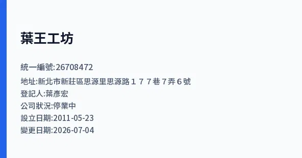 葉王工坊的照片-統編 26708472(新北市) 公司登記資料與營業項目詳細圖表