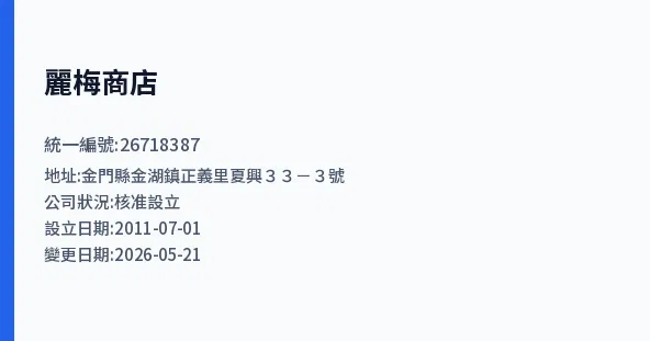 麗梅商店的照片-統編 26718387(金門縣) 公司登記資料與營業項目詳細圖表