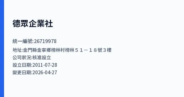 德眾企業社的照片-統編 26719978(金門縣) 公司登記資料與營業項目詳細圖表
