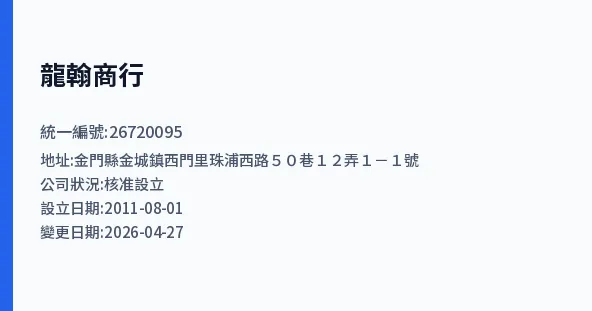 龍翰商行的照片-統編 26720095(金門縣) 公司登記資料與營業項目詳細圖表