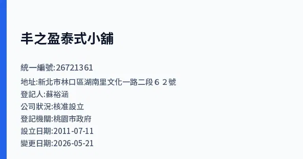 丰之盈泰式小舖的照片-統編 26721361(新北市) 公司登記資料與營業項目詳細圖表