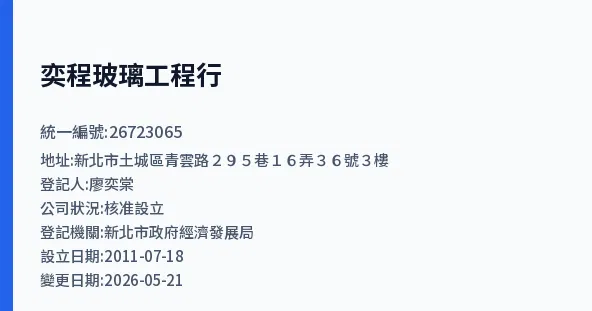 奕程玻璃工程行的照片-統編 26723065(新北市) 公司登記資料與營業項目詳細圖表