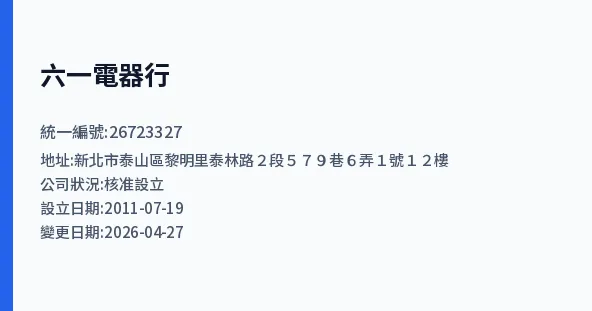 六一電器行的照片-統編 26723327(新北市) 公司登記資料與營業項目詳細圖表