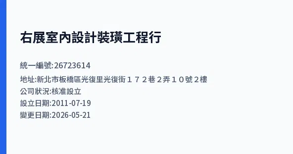 右展室內設計裝璜工程行的照片-統編 26723614(新北市) 公司登記資料與營業項目詳細圖表