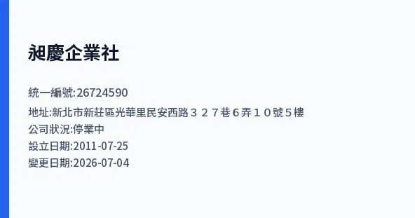 昶慶企業社的照片-統編 26724590(新北市) 公司登記資料與營業項目詳細圖表