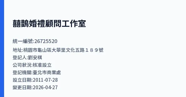 囍鵲婚禮顧問工作室的照片-統編 26725520(桃園市) 公司登記資料與營業項目詳細圖表
