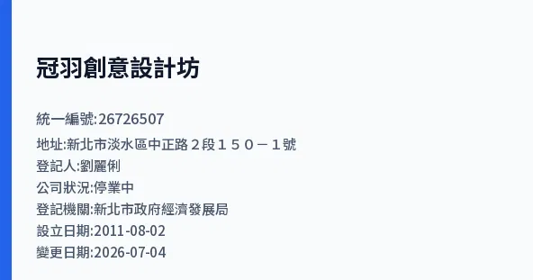 冠羽創意設計坊的照片-統編 26726507(新北市) 公司登記資料與營業項目詳細圖表
