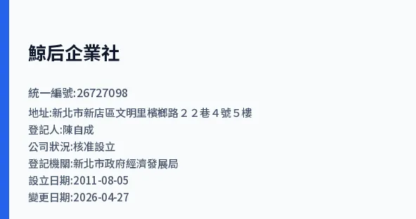 鯨后企業社的照片-統編 26727098(新北市) 公司登記資料與營業項目詳細圖表