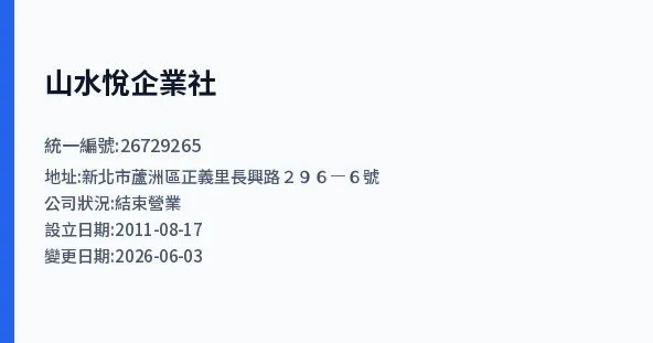 山水悅企業社的照片-統編 26729265(新北市) 公司登記資料與營業項目詳細圖表