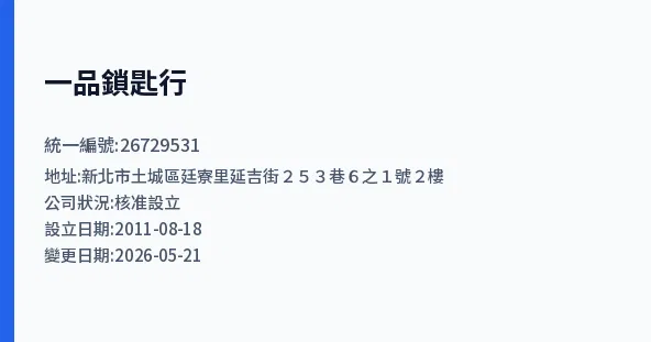 一品鎖匙行的照片-統編 26729531(新北市) 公司登記資料與營業項目詳細圖表