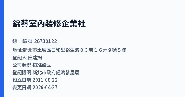 錦藝室內裝修企業社的照片-統編 26730122(新北市) 公司登記資料與營業項目詳細圖表