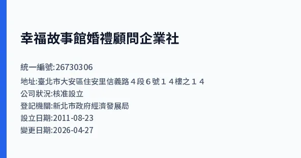 幸福故事館婚禮顧問企業社的照片-統編 26730306(臺北市) 公司登記資料與營業項目詳細圖表
