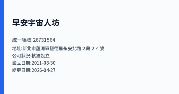 早安宇宙人坊的照片-統編 26731564(新北市) 公司登記資料與營業項目詳細圖表