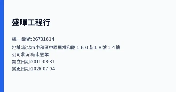 盛暉工程行的照片-統編 26731614(新北市) 公司登記資料與營業項目詳細圖表