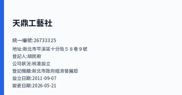 天鼎工藝社的照片-統編 26733325(新北市) 公司登記資料與營業項目詳細圖表