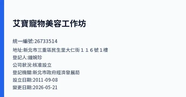 艾寶寵物美容工作坊的照片-統編 26733514(新北市) 公司登記資料與營業項目詳細圖表