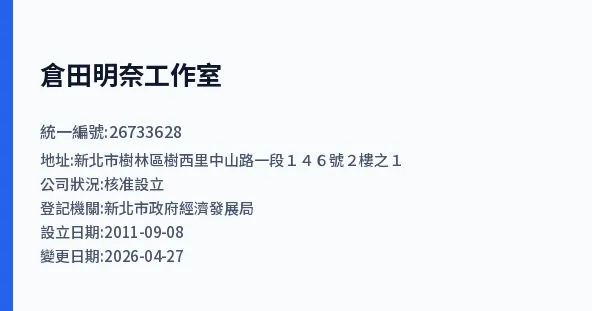 倉田明奈工作室的照片-統編 26733628(新北市) 公司登記資料與營業項目詳細圖表