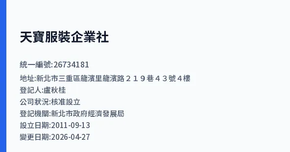 天寶服裝企業社的照片-統編 26734181(新北市) 公司登記資料與營業項目詳細圖表