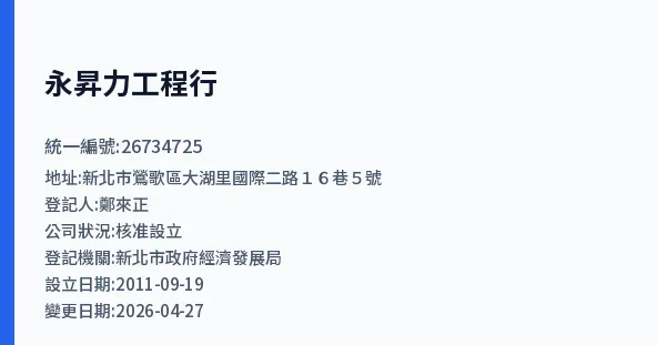 永昇力工程行的照片-統編 26734725(新北市) 公司登記資料與營業項目詳細圖表