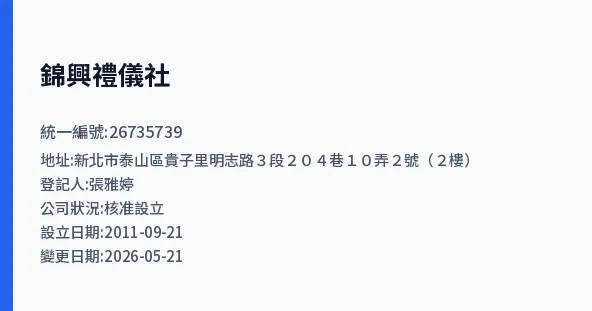 錦興禮儀社的照片-統編 26735739(新北市) 公司登記資料與營業項目詳細圖表