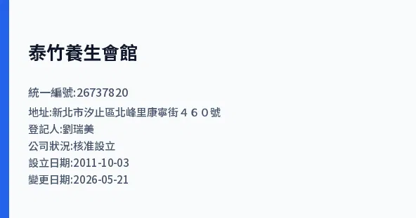 泰竹養生會館的照片-統編 26737820(新北市) 公司登記資料與營業項目詳細圖表