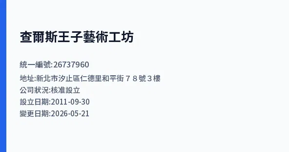 查爾斯王子藝術工坊的照片-統編 26737960(新北市) 公司登記資料與營業項目詳細圖表
