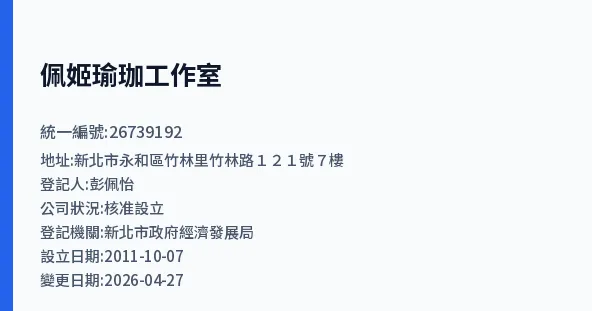 佩姬瑜珈工作室的照片-統編 26739192(新北市) 公司登記資料與營業項目詳細圖表