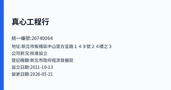 真心工程行的照片-統編 26740064(新北市) 公司登記資料與營業項目詳細圖表