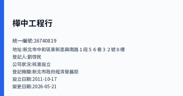 樺中工程行的照片-統編 26740819(新北市) 公司登記資料與營業項目詳細圖表