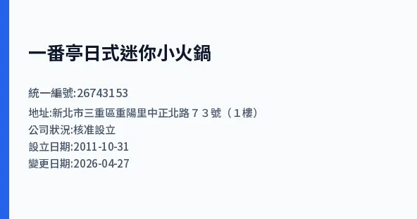一番亭日式迷你小火鍋的照片-統編 26743153(新北市) 公司登記資料與營業項目詳細圖表