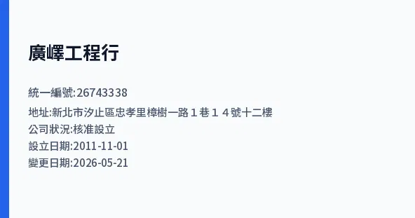 廣嶧工程行的照片-統編 26743338(新北市) 公司登記資料與營業項目詳細圖表