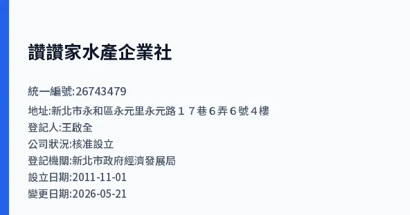 讚讚家水產企業社的照片-統編 26743479(新北市) 公司登記資料與營業項目詳細圖表